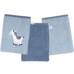 W&ouml;rner Waschhandschuh &raquo;Zebra blau Waschhandschuh 3er Set&laquo; 1x mit s&uuml;&szlig;er Zebrastickerei, 2x unifarben blau Obermaterial: 100% Baumwolle