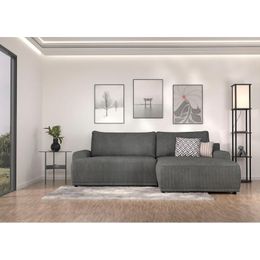 Trendmanufaktur Ecksofa &raquo;Fordon, Schlafsofa mit Bettkasten, Couch in L-Form, Breite 250 cm&laquo; in Cordstoff HYPER, dunkelgrau, Recamiere rechts grau 92% 