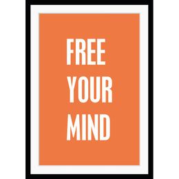 queence Bild &raquo;FREE YOUR MIND&laquo; Motivationsbilder Schriftzug Spr&uuml;che & Texte HD Premium Poster-Druck inkl. Holzrahmen bunt Acrylglas, Holz, Papier