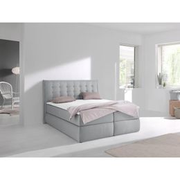 Home Affaire Boxspringbett &raquo;Sagres&laquo; Kopfteil mit 2farbiger Flatterbiese und zweifarbigen Kn&ouml;pfen grau Feinstruktur(100% Polyester);Bezug der 