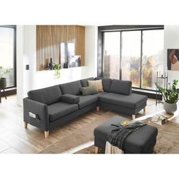 ATLANTIC HOME COLLECTION Ecksofa &raquo;Mailo L-Form&laquo; mit Seitentaschen und Ottomane, mit Massivholzf&uuml;&szlig;en grau