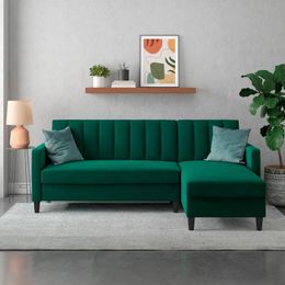 Ecksofa &raquo;Celine, L-Form,&laquo; mit Bett-Funktion und Stauraum. Recamiere beidseitig montierbar gr&uuml;n Veloursstoff 100% Polyester