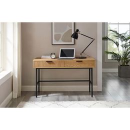 Salesfever Schreibtisch &raquo;Visby Design-Schreibtisch f&uuml;r effizientes Arbeiten&laquo; Eiche Echtholzfurnier beige MDF, Eiche Echtholzfurnier, Metall (Eisen)