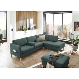 ATLANTIC HOME COLLECTION Ecksofa &raquo;Mailo L-Form&laquo; mit Seitentaschen und Ottomane, mit Massivholzf&uuml;&szlig;en gr&uuml;n