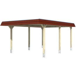 Skan Holz Einzelcarport &raquo;Wendland&laquo; Leimholz 341 cm Natur mit EPDM-Dach, rote Blende beige