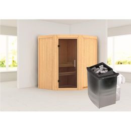 Karibu Sauna &raquo;&raquo;Liyah&laquo; naturbelassen, mit graphitfarbener T&uuml;r&laquo; Set, in verschiedenen Ausf&uuml;hrungen erh&auml;ltlich, 9 KW Ofen mit externe Strg beige
