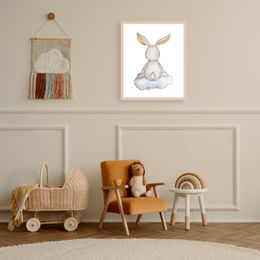 L&uuml;ttenh&uuml;tt Bild mit Rahmen &raquo;oder Poster, Hase auf Wolke&laquo; Fantasy Tiere 1 Stk. tlg. HD Premium Druck bunt Holz, Plexiglas