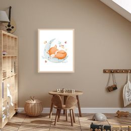 L&uuml;ttenh&uuml;tt Bild mit Rahmen &raquo;oder Poster, Schlafender Fuchs auf Mond mit Sternen&laquo; Fantasy F&uuml;chse Tiere 1 Stk. tlg. HD Premium Druck bunt Holz, Plexiglas