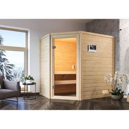 Karibu Sauna &raquo;"Juli" mit bronzierter T&uuml;r SET, naturbelassen mit Ofen 9 kW&laquo; aus hochwertiger nordischer Fichte beige