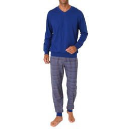 Normann langarm Schlafanzug Pyjama B&uuml;ndchen und karierter Jersey Hose - 83174 in blau | Gr.: 48