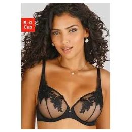 B&uuml;gel-BH Lascana "Paulina", Damen, Gr. 80, Cup G, schwarz, Mesh, Obermaterial: 85% Polyamid, 8% Polyester, 7% Elasthan, BHs B&uuml;gel-BH, mit floraler Stickereiapplikation, transparente Unterw&auml;sche