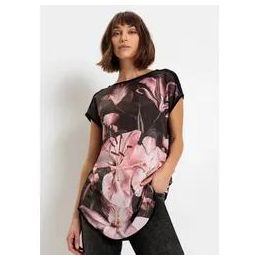 T-Shirt bonprix "Bedrucktes Shirt aus softem Viskose-Mix", Damen, Gr. 40/42 (M), schwarz (schwarz, rosa lilien), Obermaterial: 100% Polyester. R&uuml;ckenteil: 95% Viskose, 5% Elasthan, bequem, Shirts T-Shirt, bequeme Passform, Kurzarm-Design, mit Blumen-Druck, aus Viskose-Mix