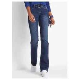 Bootcut-Jeans bonprix "Bootcut Jeans Mid Waist, Stretch", Damen, Gr. 42, N-Gr, blau (dunkelblau used), Denim/Jeans, Obermaterial: 95% Baumwolle, 4% Polyester, 1% Elasthan, unifarben, regular fit lang, Jeans, Regular Fit, mit Teilungsnaht an der Vorderseite