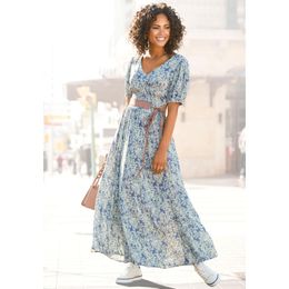 Buffalo Damen Maxikleid mit zartem Blumendruck und V-Ausschnitt, Sommerkleid, Strandkleid blau 38, N-Gr