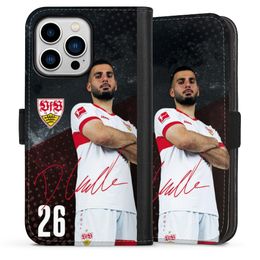 DeinDesign iPhone 13 Pro Handy Klapph&uuml;lle Handyh&uuml;lle aus Kunst Leder schwarz Flip Case Official Licensed Product Deniz Undav Vfb Stuttgart Sideflip mit Lasche
