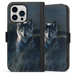 DeinDesign iPhone 13 Pro Handy Klapph&uuml;lle Handyh&uuml;lle aus Kunst Leder schwarz Flip Case Wolf Painting Nature Sideflip mit Lasche