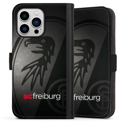 DeinDesign iPhone 13 Pro Handy Klapph&uuml;lle Handyh&uuml;lle aus Kunst Leder schwarz Flip Case Official Licensed Product Sc Freiburg Metallic Look Sideflip mit Lasche