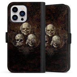 DeinDesign iPhone 13 Pro Handy Klapph&uuml;lle Handyh&uuml;lle aus Kunst Leder schwarz Flip Case Gothic Art Skulls Sideflip mit Lasche