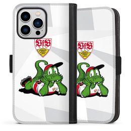 DeinDesign iPhone 13 Pro Handy Klapph&uuml;lle Handyh&uuml;lle aus Kunst Leder schwarz Flip Case Vfb Stuttgart Mascot Official Licensed Product Sideflip mit Lasche