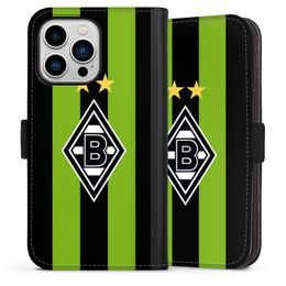 DeinDesign iPhone 13 Pro Handy Klapph&uuml;lle Handyh&uuml;lle aus Kunst Leder schwarz Flip Case Stripes Borussia M&ouml;nchengladbach Gladbach Sideflip mit Lasche