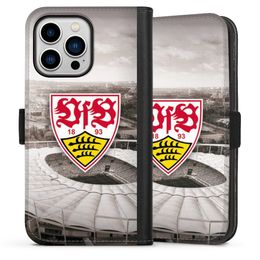 DeinDesign iPhone 13 Pro Handy Klapph&uuml;lle Handyh&uuml;lle aus Kunst Leder schwarz Flip Case Official Licensed Product Vfb Stuttgart Stadium Sideflip mit Lasche