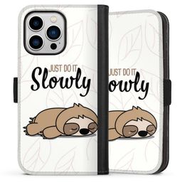 DeinDesign iPhone 13 Pro Handy Klapph&uuml;lle Handyh&uuml;lle aus Kunst Leder schwarz Flip Case Animals Sloth Lazy Sunday Sideflip mit Lasche