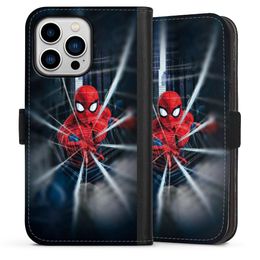 DeinDesign iPhone 13 Pro Handy Klapph&uuml;lle Handyh&uuml;lle aus Kunst Leder schwarz Flip Case Kinofilm Marvel Spiderman Sideflip mit Lasche