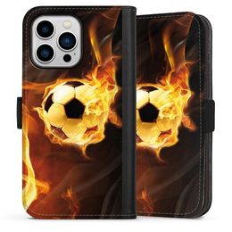 DeinDesign iPhone 13 Pro Handy Klapph&uuml;lle Handyh&uuml;lle aus Kunst Leder schwarz Flip Case Soccer Ball Fire Sideflip mit Lasche
