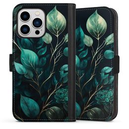 DeinDesign iPhone 13 Pro Handy Klapph&uuml;lle Handyh&uuml;lle aus Kunst Leder schwarz Flip Case Eukalyptus Leaves Black Sideflip mit Lasche