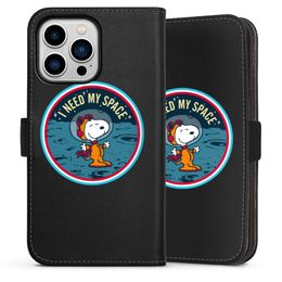 DeinDesign iPhone 13 Pro Handy Klapph&uuml;lle Handyh&uuml;lle aus Kunst Leder schwarz Flip Case Peanuts Weltall Snoopy Sideflip mit Lasche