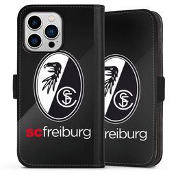 DeinDesign iPhone 13 Pro Handy Klapph&uuml;lle Handyh&uuml;lle aus Kunst Leder schwarz Flip Case Sc Freiburg Lettering Logo Sideflip mit Lasche