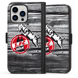 DeinDesign iPhone 13 Pro Handy Klapph&uuml;lle Handyh&uuml;lle aus Kunst Leder schwarz Flip Case 1. Fc K&ouml;ln Wooden Look Official Licensed Product Sideflip mit Lasche