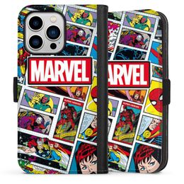 DeinDesign iPhone 13 Pro Handy Klapph&uuml;lle Handyh&uuml;lle aus Kunst Leder schwarz Flip Case Muster Comic Marvel Sideflip mit Lasche