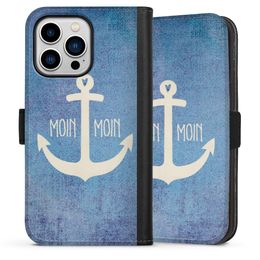 DeinDesign iPhone 13 Pro Handy Klapph&uuml;lle Handyh&uuml;lle aus Kunst Leder schwarz Flip Case Anchor Maritim Blue Sideflip mit Lasche