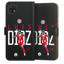 DeinDesign Galaxy A22 5G Handy Klapph&uuml;lle Handyh&uuml;lle aus Kunst Leder schwarz Flip Case Official Licensed Product Fc Bayern M&uuml;nchen Luis Diaz Sideflip mit langer 