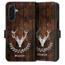 DeinDesign Galaxy A17 5G Handy Klapph&uuml;lle Handyh&uuml;lle aus Kunst Leder schwarz Flip Case Deer Wooden Look Wood Sideflip mit Lasche
