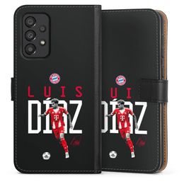 DeinDesign Galaxy A33 5G Handy Klapph&uuml;lle Handyh&uuml;lle aus Kunst Leder schwarz Flip Case Official Licensed Product Fc Bayern M&uuml;nchen Luis Diaz Sideflip mit langer 