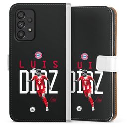 DeinDesign Galaxy A33 5G Handy Klapph&uuml;lle Handyh&uuml;lle aus Kunst Leder wei&szlig; Flip Case Official Licensed Product Fc Bayern M&uuml;nchen Luis Diaz Sideflip mit Lasche