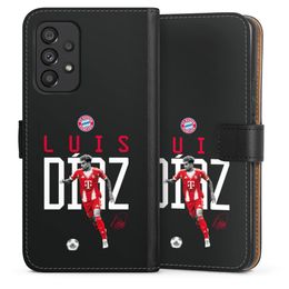 DeinDesign Galaxy A53 5G Handy Klapph&uuml;lle Handyh&uuml;lle aus Kunst Leder schwarz Flip Case Official Licensed Product Fc Bayern M&uuml;nchen Luis Diaz Sideflip mit langer 