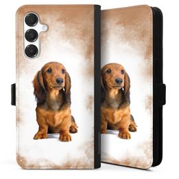 DeinDesign Galaxy A16 5G Handy Klapph&uuml;lle Handyh&uuml;lle aus Kunst Leder schwarz Flip Case Pet Dachshund Dog Sideflip mit Lasche