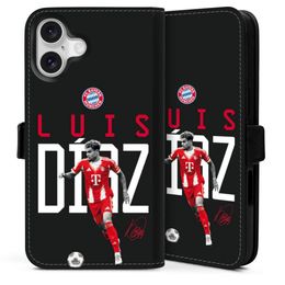 DeinDesign iPhone 16 Plus Handy Klapph&uuml;lle Handyh&uuml;lle aus Kunst Leder schwarz Flip Case Fc Bayern M&uuml;nchen Official Licensed Product Luis Diaz Sideflip mit Lasche