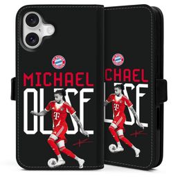 DeinDesign iPhone 16 Plus Handy Klapph&uuml;lle Handyh&uuml;lle aus Kunst Leder schwarz Flip Case Fc Bayern M&uuml;nchen Michael Olise Official Licensed Product Sideflip mit 