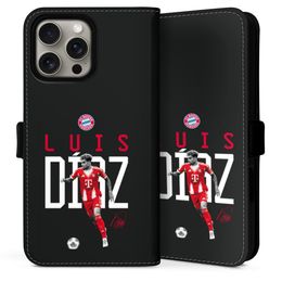DeinDesign iPhone 16 Pro Handy Klapph&uuml;lle Handyh&uuml;lle aus Kunst Leder schwarz Flip Case Fc Bayern M&uuml;nchen Official Licensed Product Luis Diaz Sideflip mit Lasche