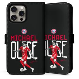 DeinDesign iPhone 16 Pro Handy Klapph&uuml;lle Handyh&uuml;lle aus Kunst Leder schwarz Flip Case Fc Bayern M&uuml;nchen Michael Olise Official Licensed Product Sideflip mit 
