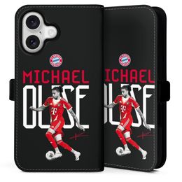 DeinDesign iPhone 16 Handy Klapph&uuml;lle Handyh&uuml;lle aus Kunst Leder schwarz Flip Case Fc Bayern M&uuml;nchen Michael Olise Official Licensed Product Sideflip mit Lasche
