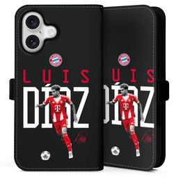 DeinDesign iPhone 16 Handy Klapph&uuml;lle Handyh&uuml;lle aus Kunst Leder schwarz Flip Case Fc Bayern M&uuml;nchen Official Licensed Product Luis Diaz Sideflip mit Lasche