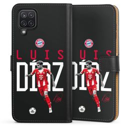 DeinDesign Galaxy A12 Handy Klapph&uuml;lle Handyh&uuml;lle aus Kunst Leder schwarz Flip Case Official Licensed Product Fc Bayern M&uuml;nchen Luis Diaz Sideflip mit langer 
