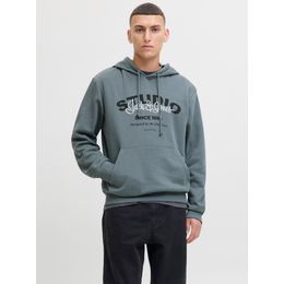 Jack & Jones Kapuzensweatshirt JACK & JONES "JJYUKI SWEAT HOOD BF", Herren, Gr. L, stormy weather, angeraute Sweatware, Obermaterial: 60% Baumwolle, 40% Polyester, bedruckt, relaxed fit normal, Rippb&uuml;ndchen, Sweatshirts