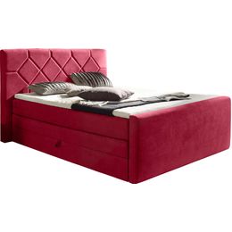 Boxspringbett Home Affaire "Atlanta", rot, B:160cm L:221cm, Kunststoff, Massivholz, Stoff, Komplettbetten, Boxspringbett, inklusive Topper und Bettkasten