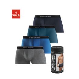 Boxer Bruno Banani "Boxershorts f&uuml;r Herren", Herren, Gr. XL (7), 4 Stk., bunt (blaupetrol, navy, royalblau, grau meliert), Jersey, Obermaterial: 95% Baumwolle, 5% Elasthan, unifarben, k&ouml;rpernah, Unterhosen Boxer, in der Dose verpackt